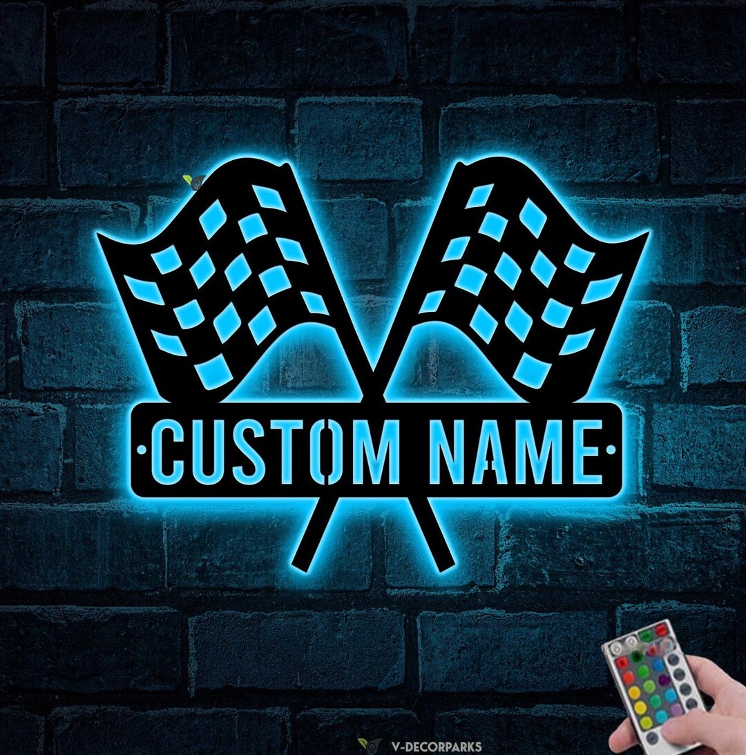 Custom Start Finish Racing Flag Metal Wall Art LED Light Personalized ...