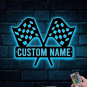 Race Car Bed Personalized Racing Flag Metal Wall Art With LED Light ...
