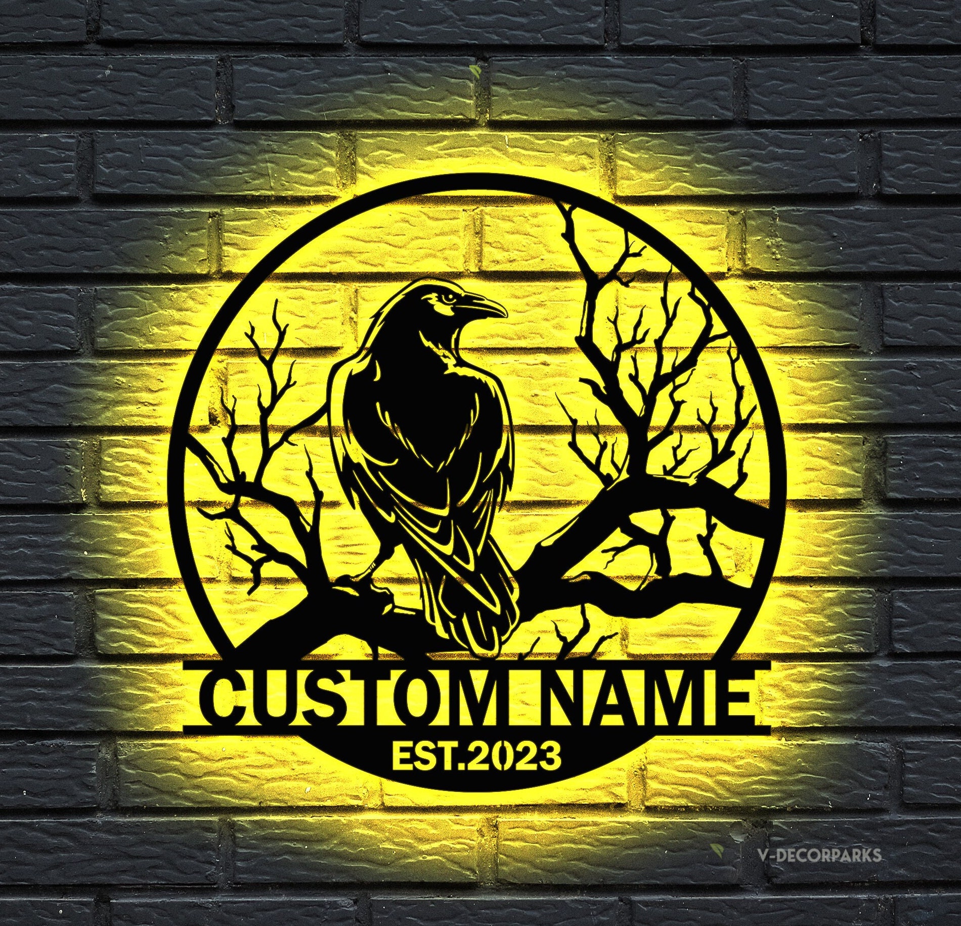 Personalized Raven Metal Wall Art With LED Light, Custom Crow Moon Name ...