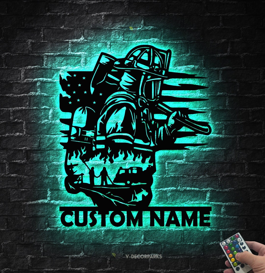 Personalized Firefighter Metal Art Sign Led, Firefighter Metal Sign ...