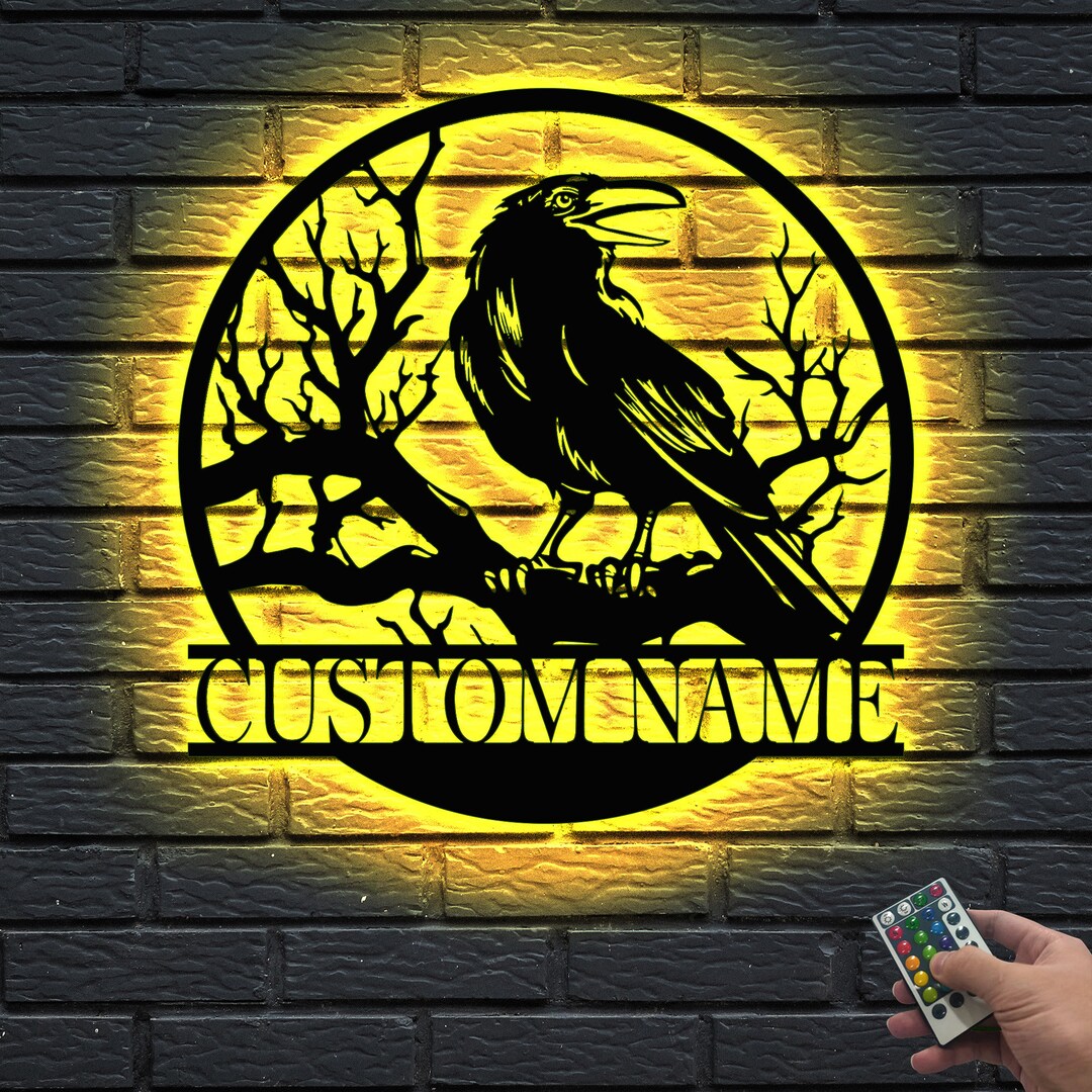 Custom Raven Metal Wall Art With LED Light Personalized Crow Moon Name ...