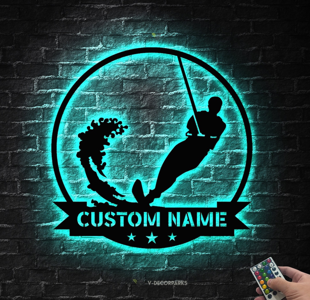 Custom Water Skiing Metal Wall Art LED Light, Personalized Wakeboarding ...