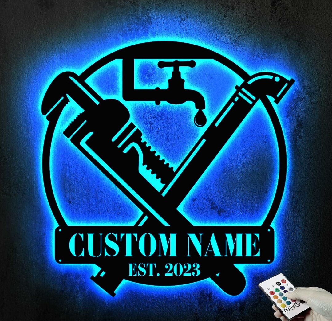 Custom Plumbing Metal Wall Art LED Light, Personalized Plumber Name ...