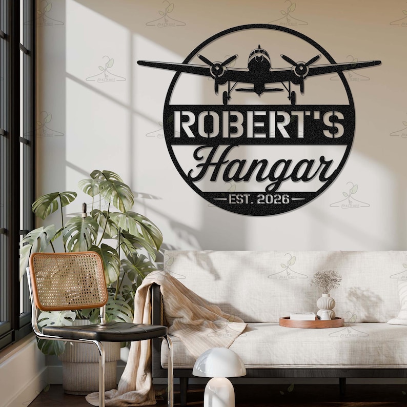 Personalized Airplane Hangar Metal Sign, Custom Aviation LED Wall Decor ...