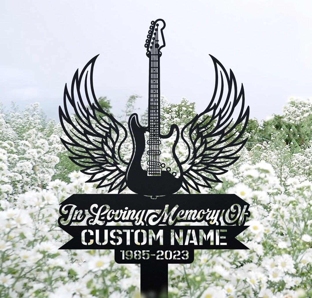 Custom Guitar Angel Wings Memorial Stake, Metal Stake, Sympathy Sign ...