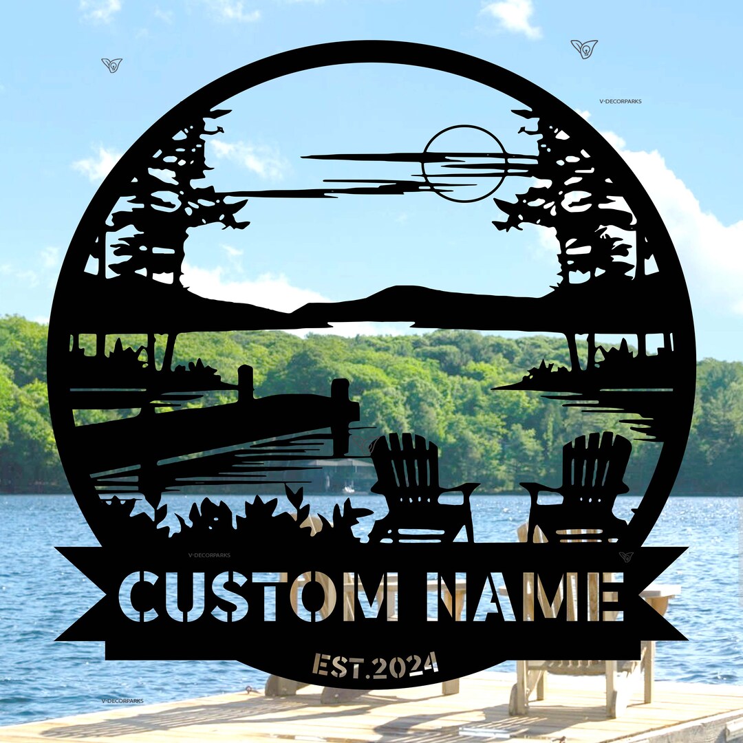 Lake House Sign, Campsite Monogram LAKE SCENE, Personalized Last Name ...