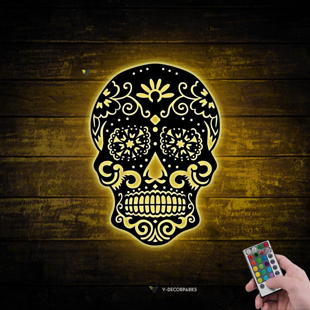 Sugar Skull Metal Wall Art With LED Light Day of the Dead Sign Home ...