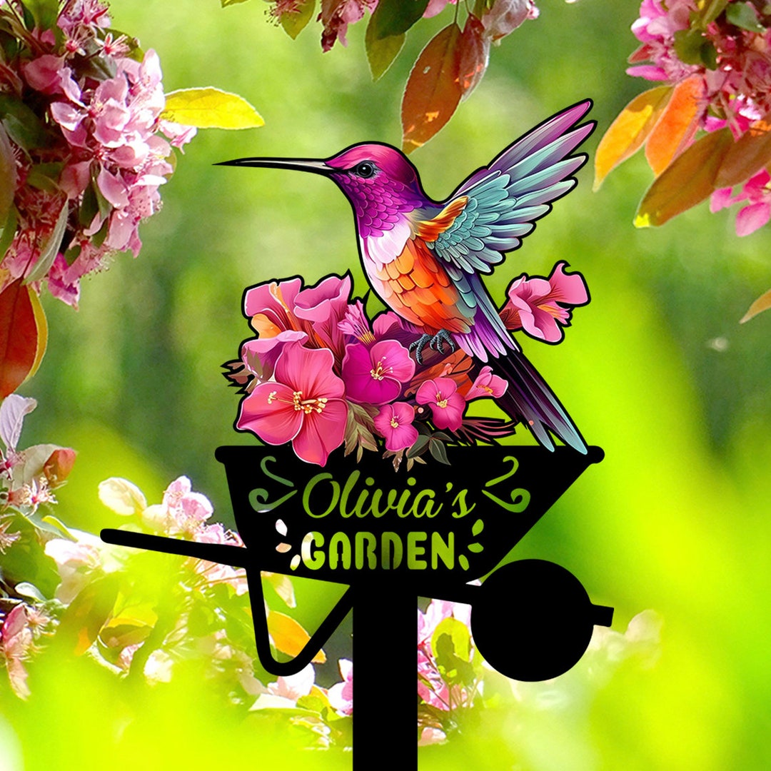 Custom Hummingbird Metal Garden Stake, Personalized Garden Name Sign ...