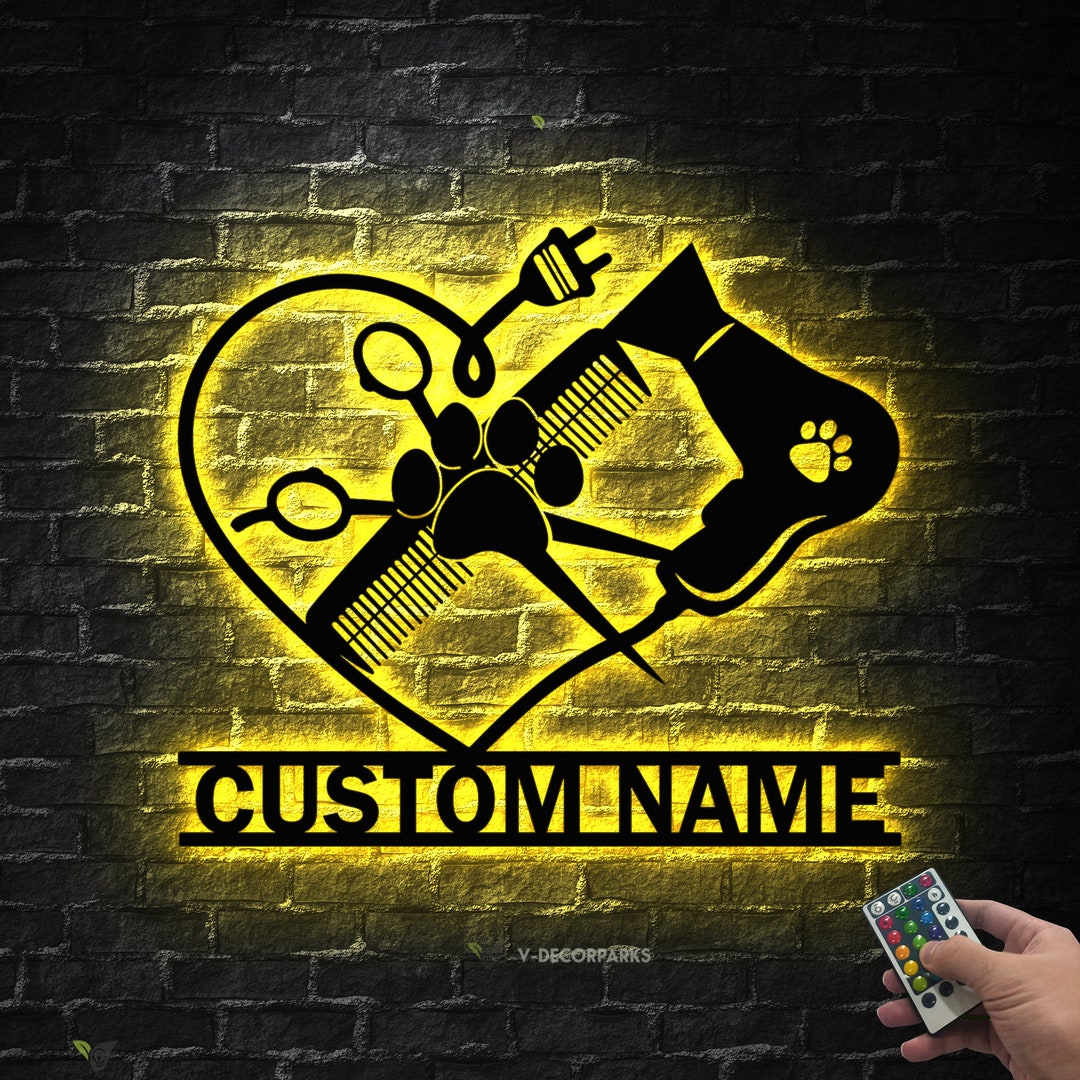 Custom Dog Grooming Hair Salon Metal Wall Art LED Light Personalized ...