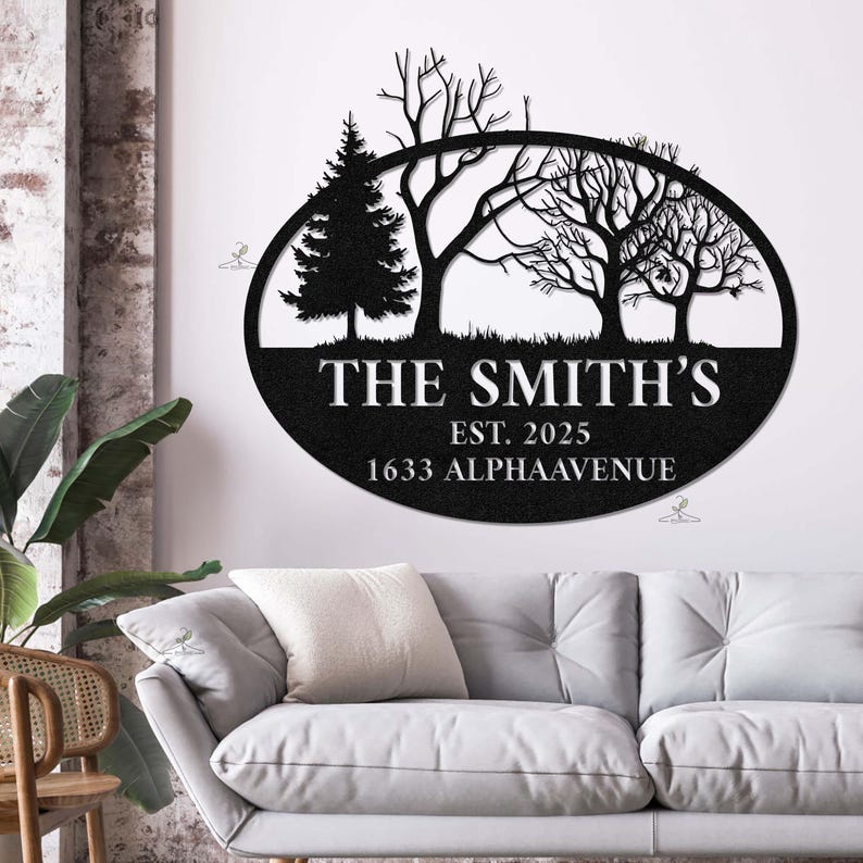 Custom Family Name Plaque, Personalized Forest Metal Sign, Cabin Decor ...