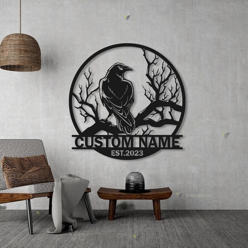 Personalized Raven Metal Wall Art With LED Light, Custom Crow Moon Name ...