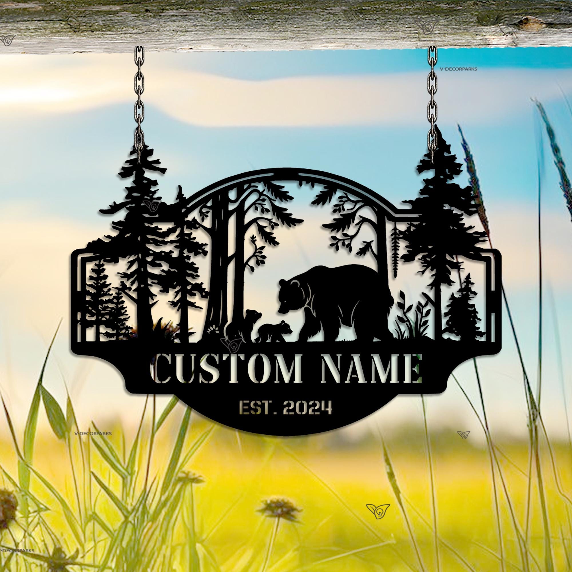 Bear Metal Sign Personalized, Bear in Woods Cabin Sign, Last Name Signs ...