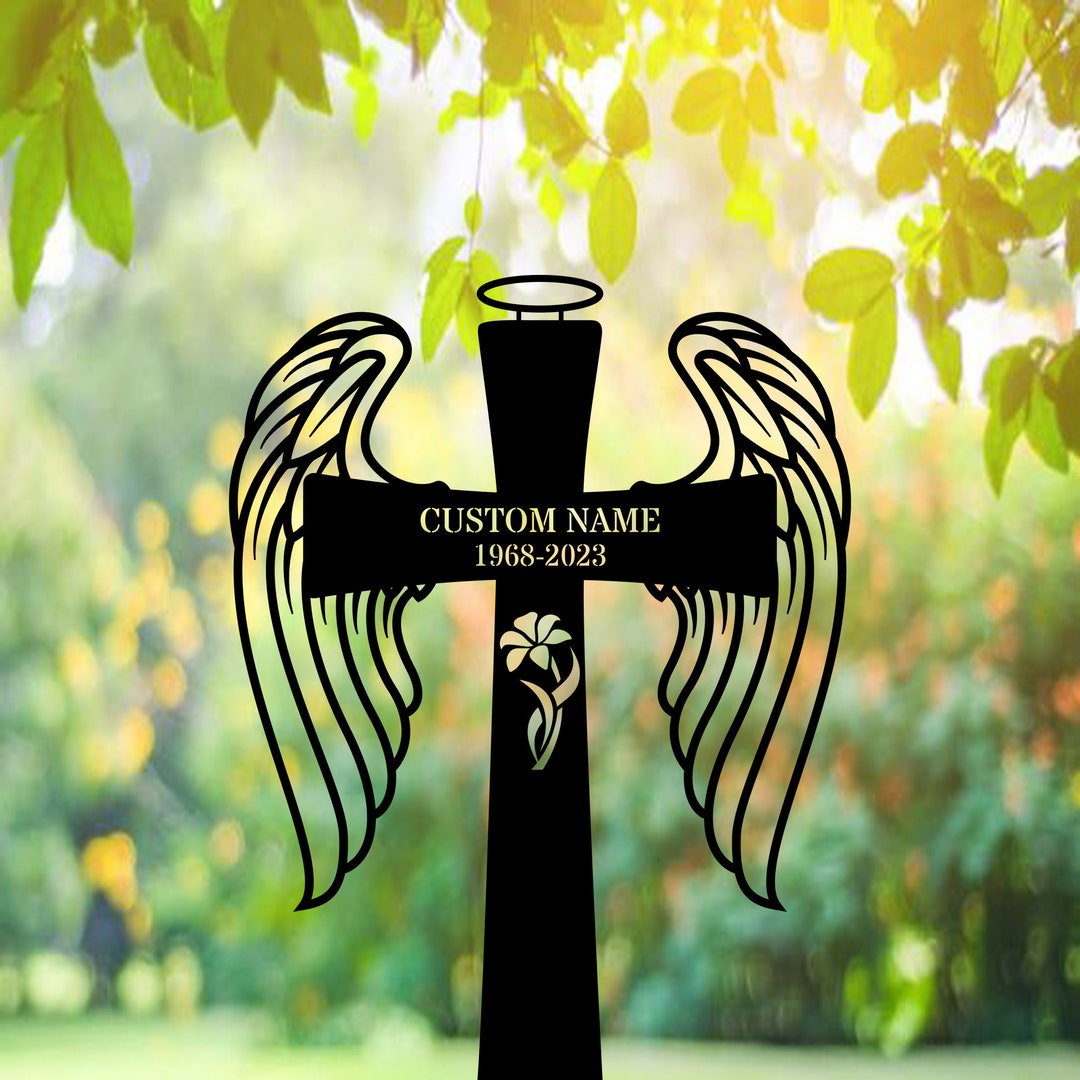 Personalized Cross With Wings Memorial Stake, Cross Sign, Metal Stake ...