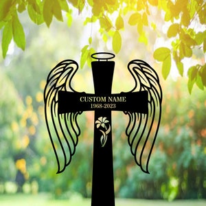 Personalized Cross With Wings Memorial Stake, Cross Sign, Metal Stake ...