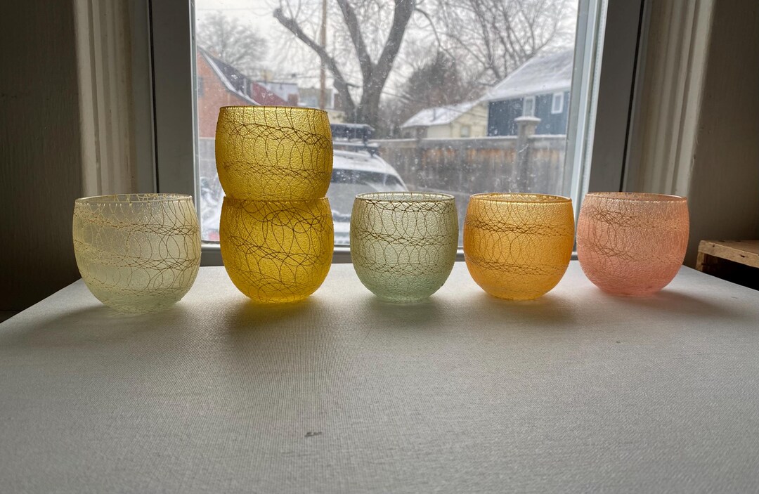 6 Vintage MCM Roly Poly Rubberized Spaghetti String 3 1/4 Tumblers 2 ...