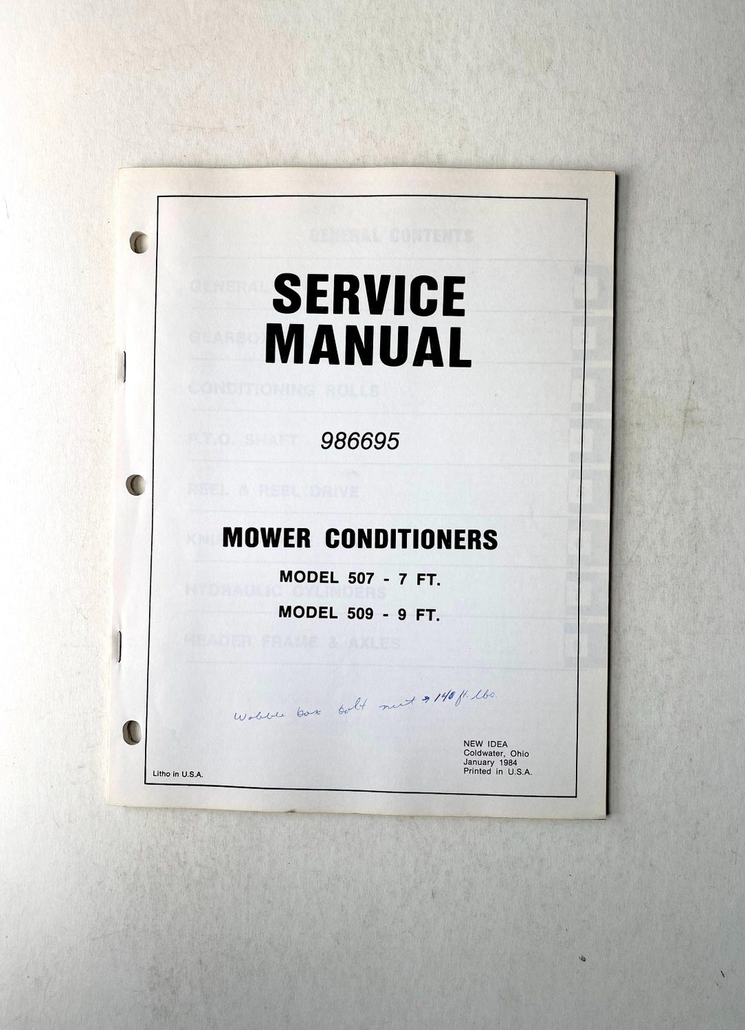 1984 New Idea Mower Conditioners Service Manual: Model 507 & 509 - Etsy