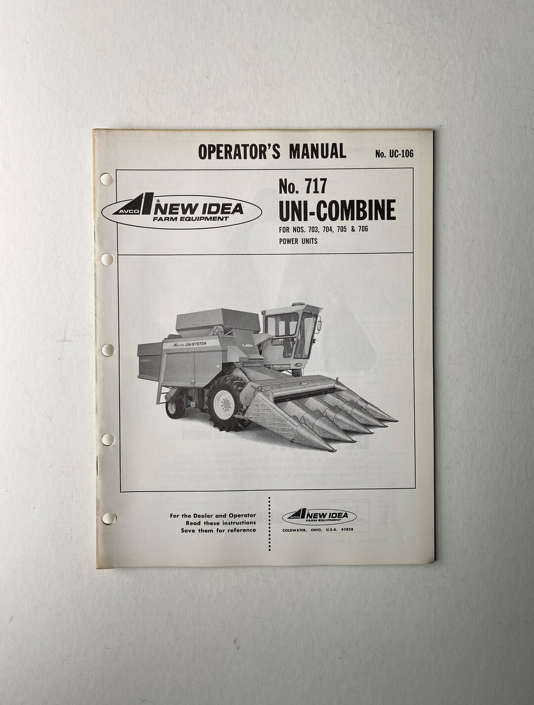 Original 1974 AVCO New Idea Farm Equipment No. 717 Uni-combine Operators Manual No. UC-106 - Etsy