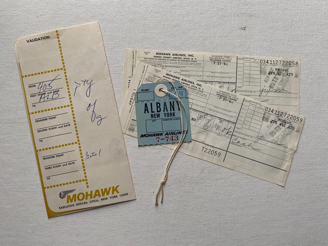 2 1968 MOHAWK AIRLINES Ticket Receipts and Baggage Claim Stub Removed ...
