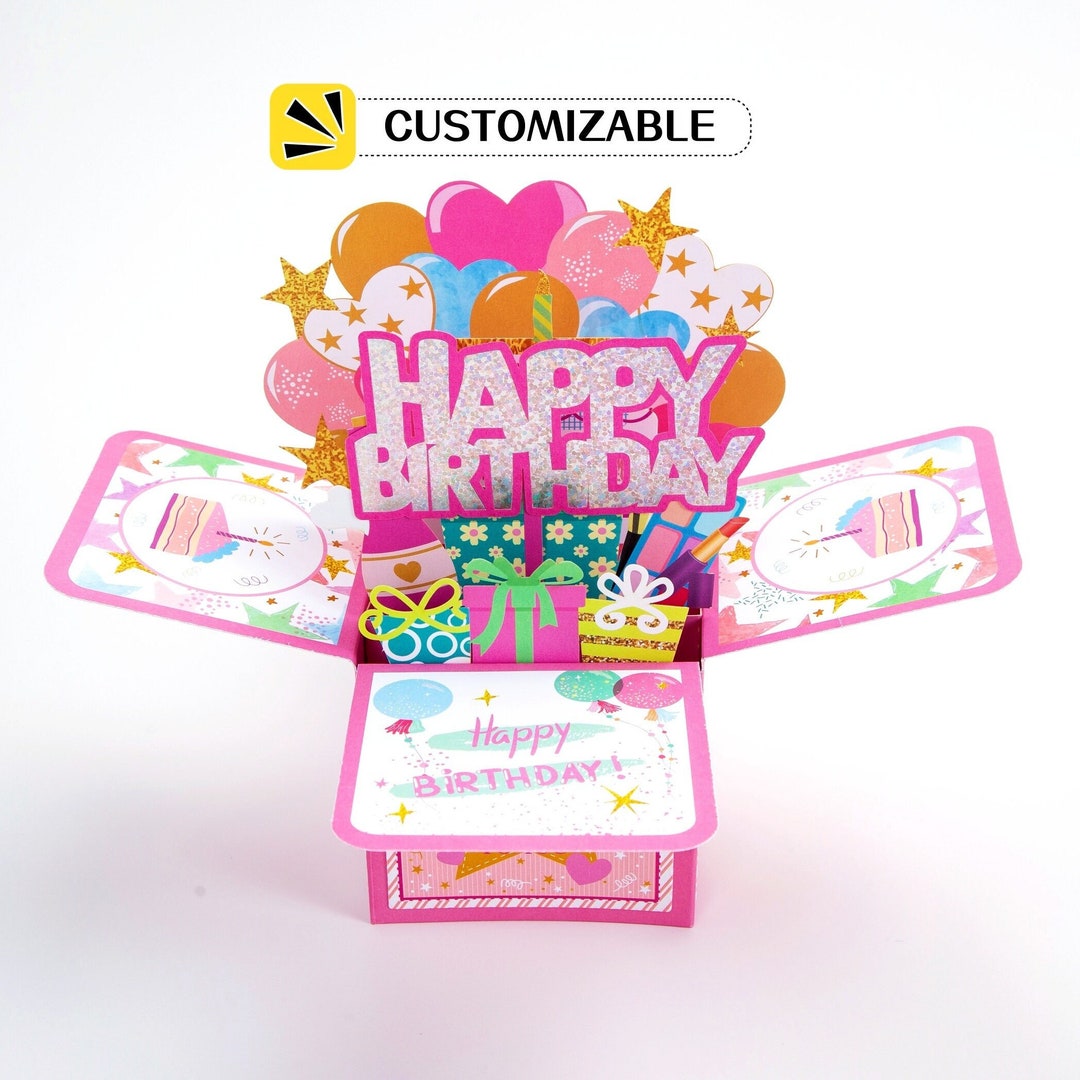 Customizable Pink Birthday Box - Pop up Birthday Card With Envelope ...