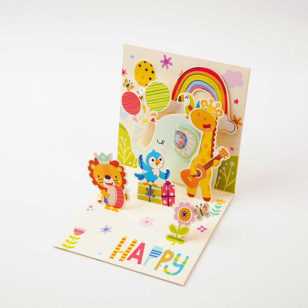Joyful Party at the Zoo - Pop up Greeting Card With Envelope - Unique ...