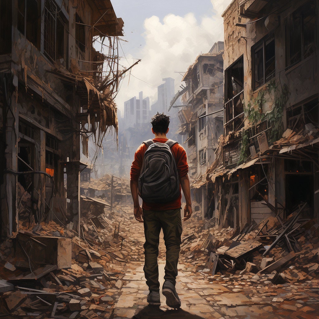 Man Walking Across Destroyed City Rugged Wall Art, Digital Art Print,ai ...