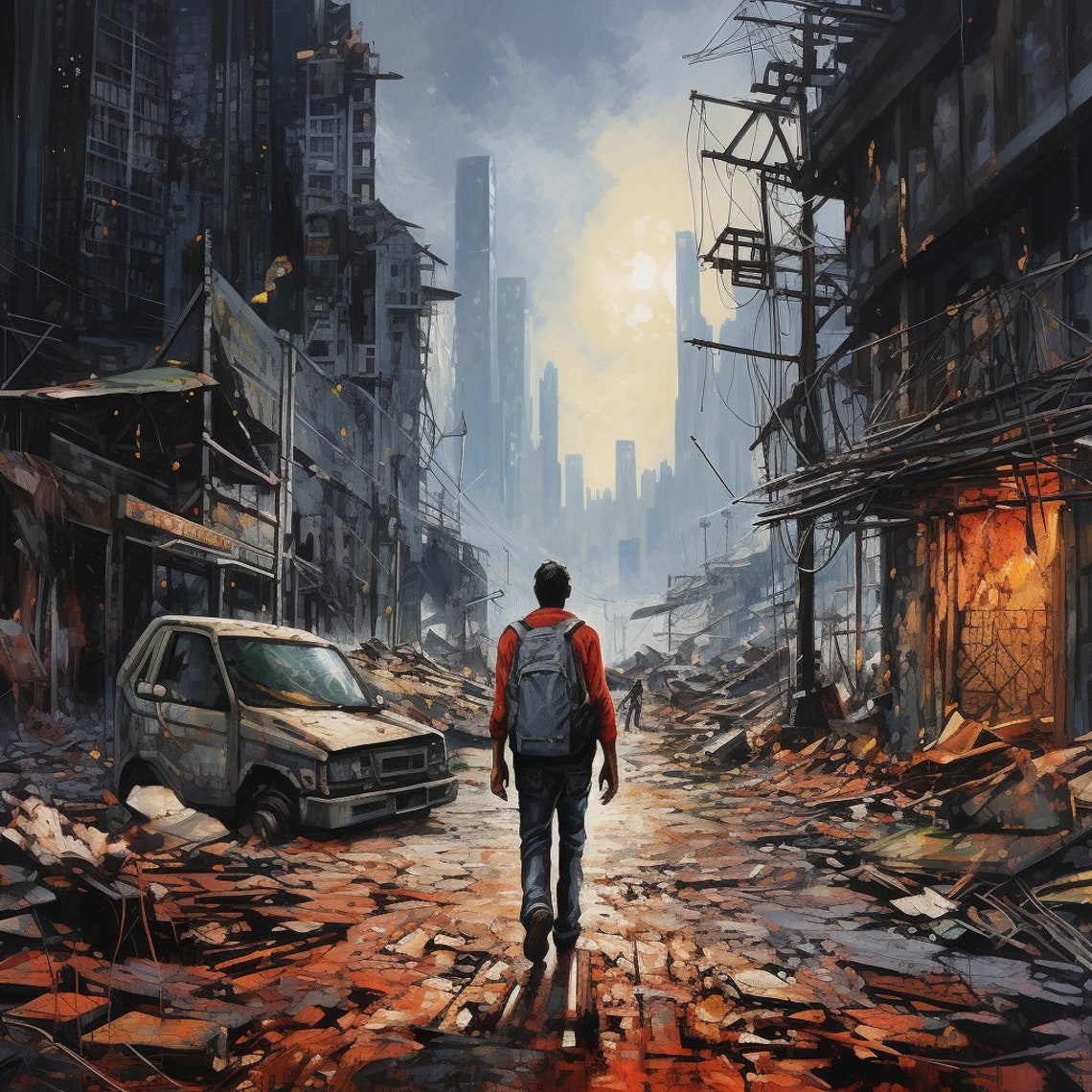 Man Walking Across Destroyed City Rugged Wall Art, Digital Art Print,ai ...