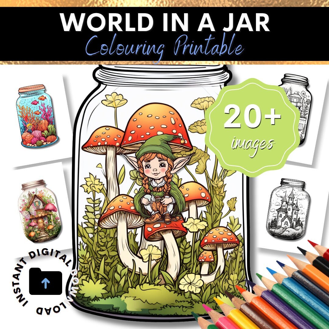 Tiny World in a Jar Colouring Printable for Kids Teens Adults, 20 Strangely Unique Digital Art ...