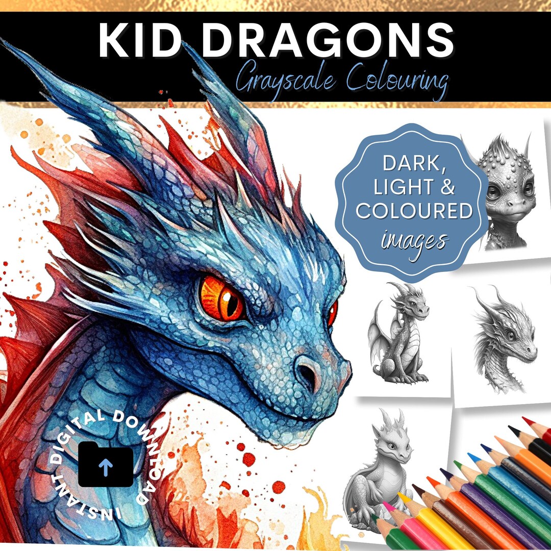 Kid Dragons Grayscale Colouring Pages for Kids Teens Adults - Etsy