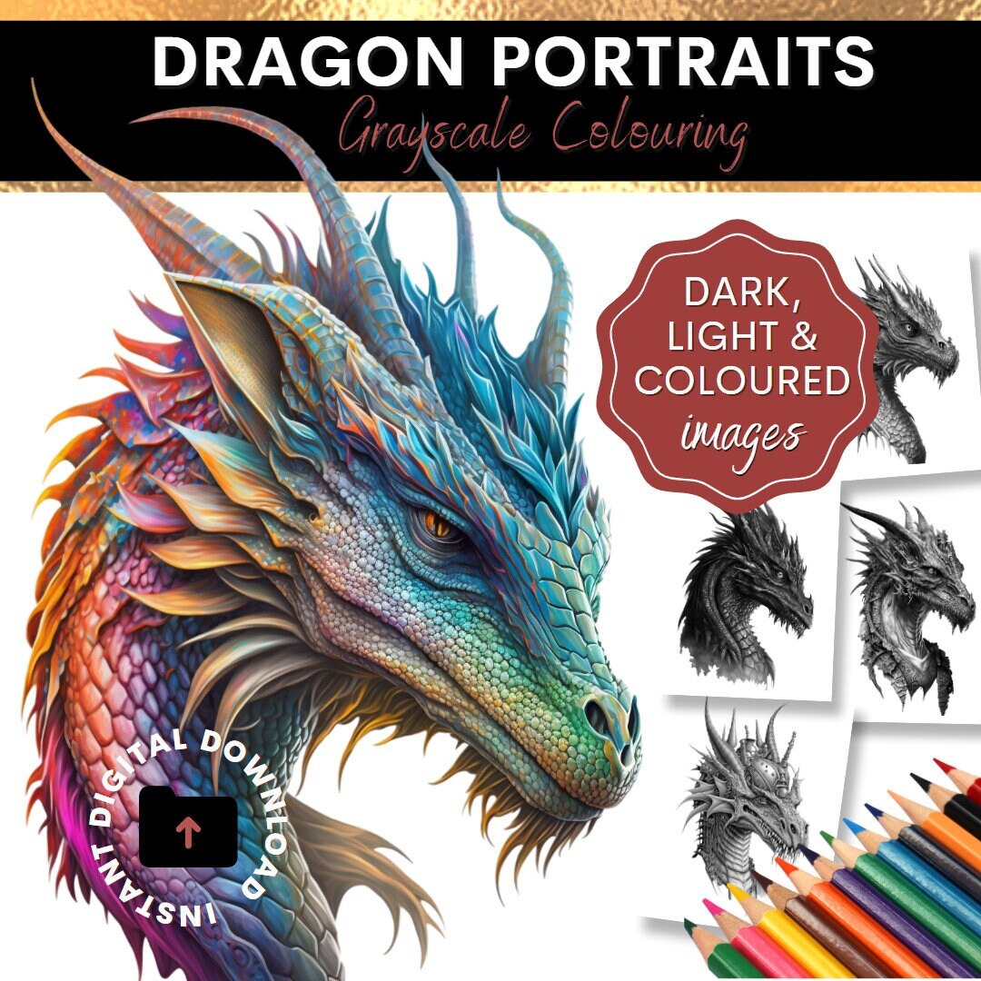 Dragon Portraits Grayscale Colouring Pages for Kids Teens Adults ...