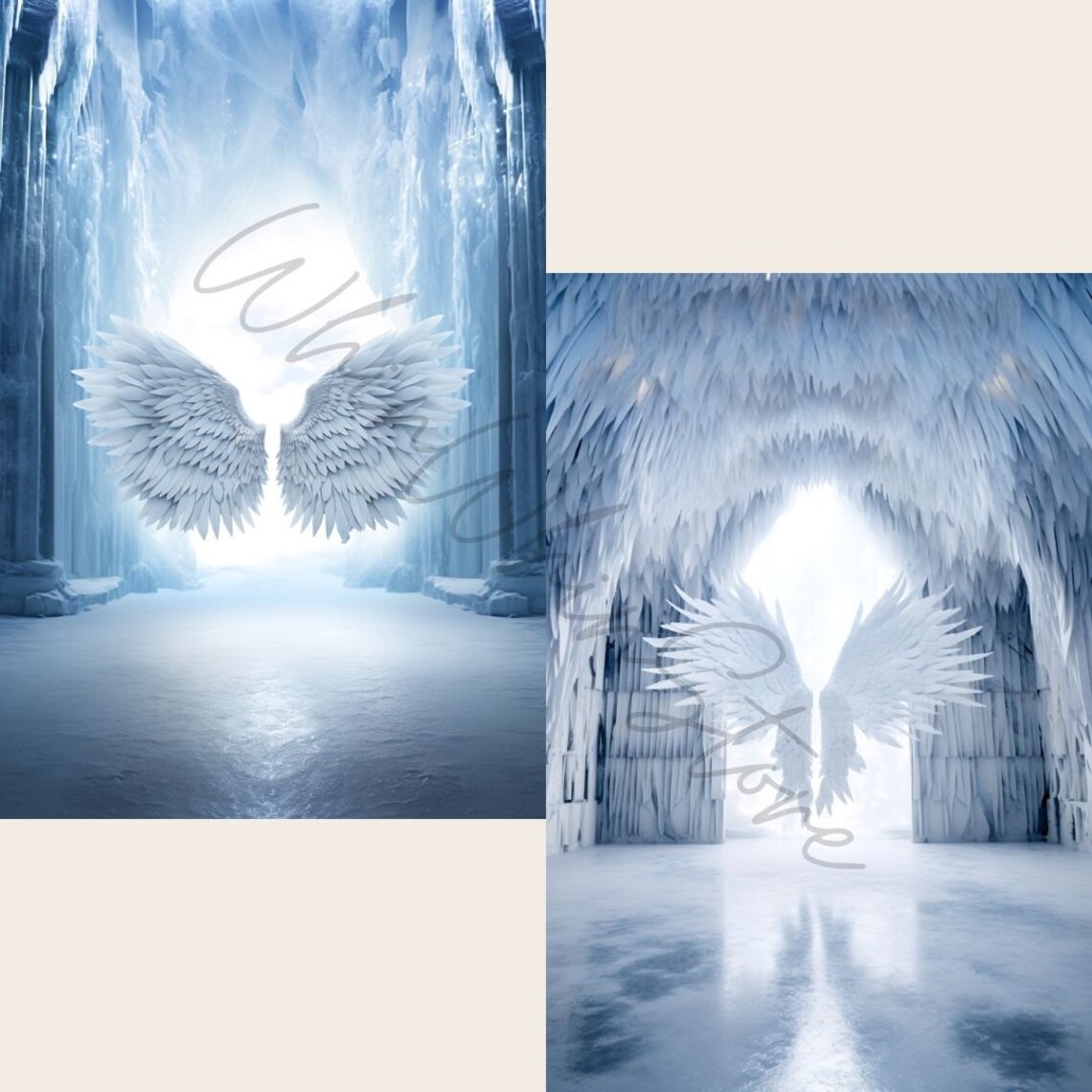 White Angel Wings in a Snowy Ice Palace - 10 PNG Digital Backdrop ...
