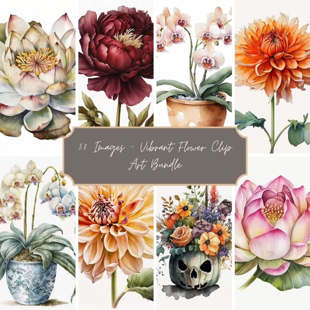 Vibrant Flower Clip Art Bundle 50 PNG Images Lotus, Dahlia, Peony ...