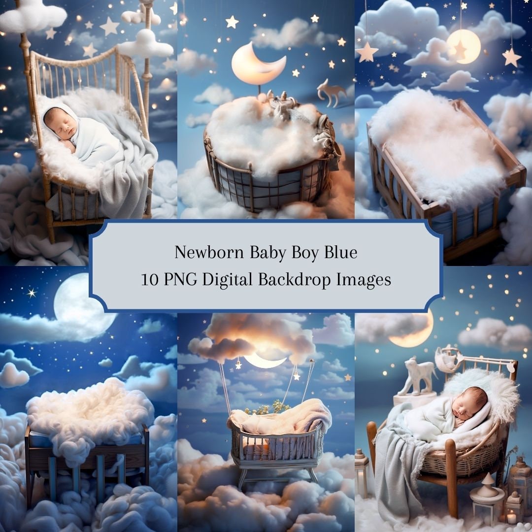 Baby Digital Backdrops in Blue for Newborn Babies - 10 PNG Images ...