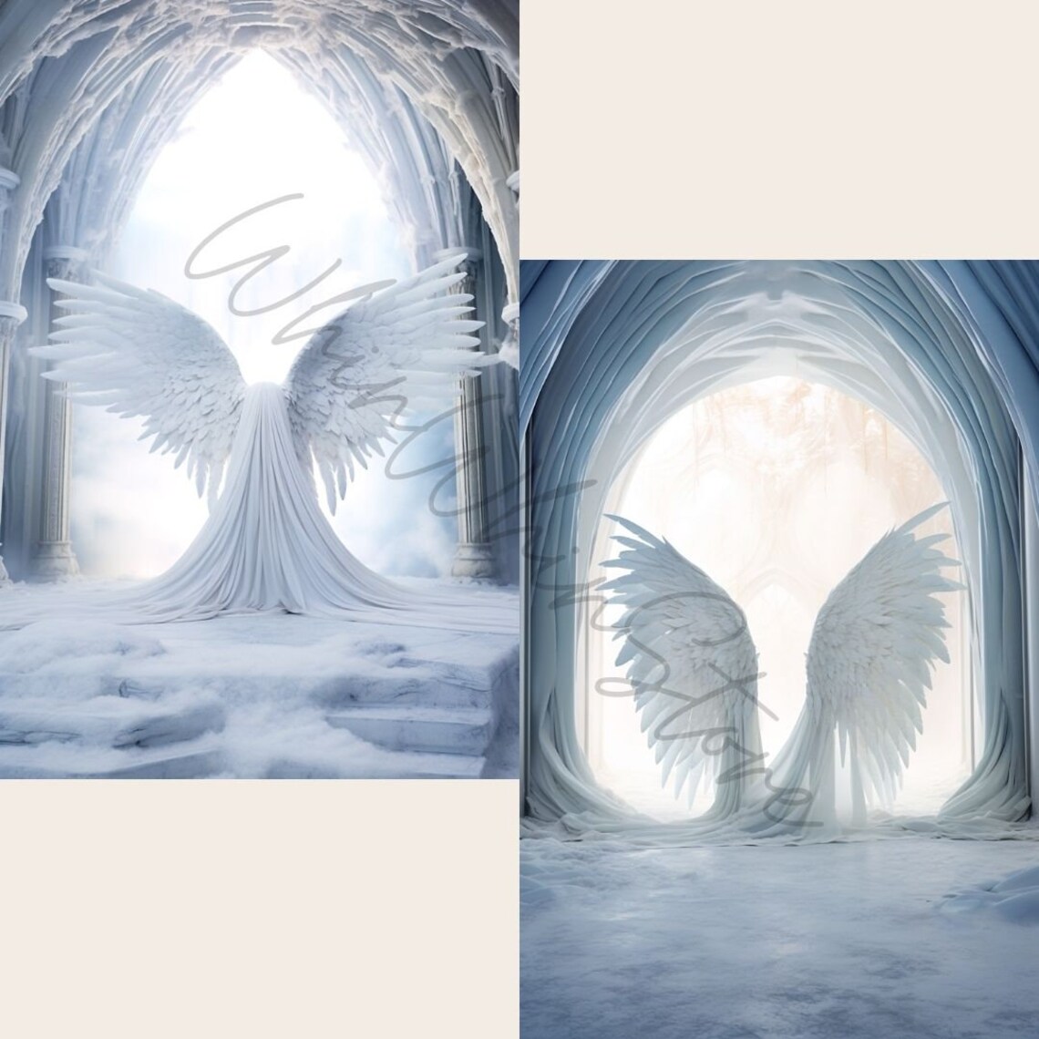 White Angel Wings in a Snowy Ice Palace - 10 PNG Digital Backdrop ...