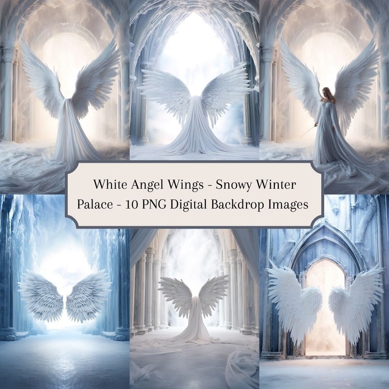 White Angel Wings in a Snowy Ice Palace - 10 PNG Digital Backdrop ...