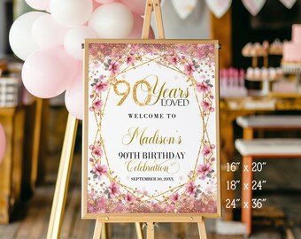 Floral 90 Years Loved, 90th Birthday Party Welcome Sign for Women ...