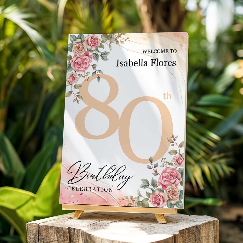 Pink Roses 80th Birthday Welcome Sign Template, Printable 80th Birthday ...