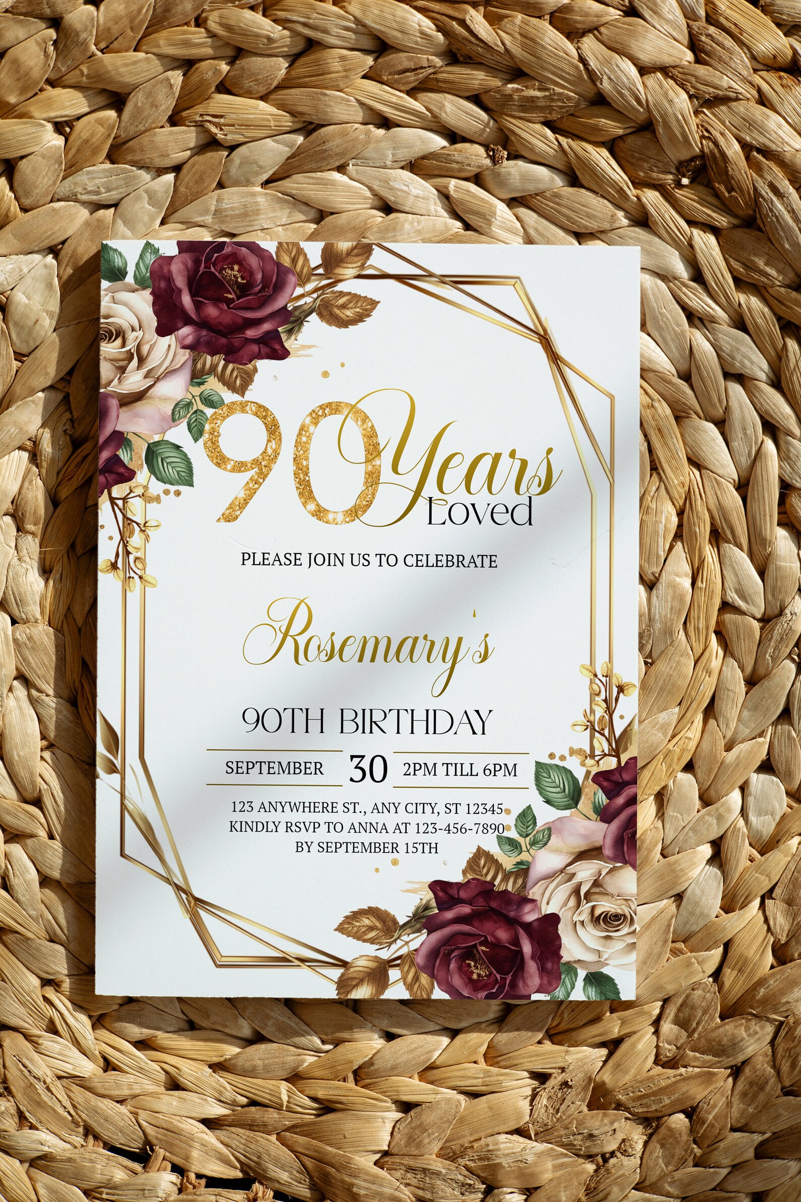 Burgundy Roses 90 Birthday Invitation Template, 90th Birthday Party ...