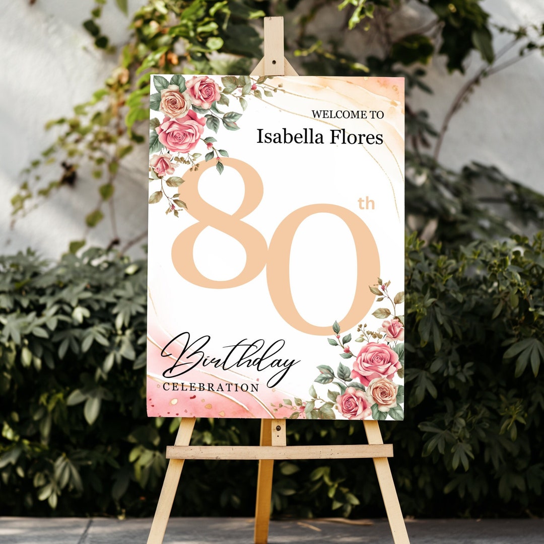 Pink Roses 80th Birthday Welcome Sign Template, Printable 80th Birthday ...