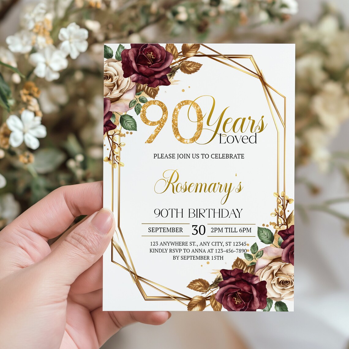 Burgundy Roses 90 Birthday Invitation Template, 90th Birthday Party ...
