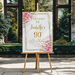 Pink Roses 90th Birthday Party Welcome Sign Template for Women, Pink ...