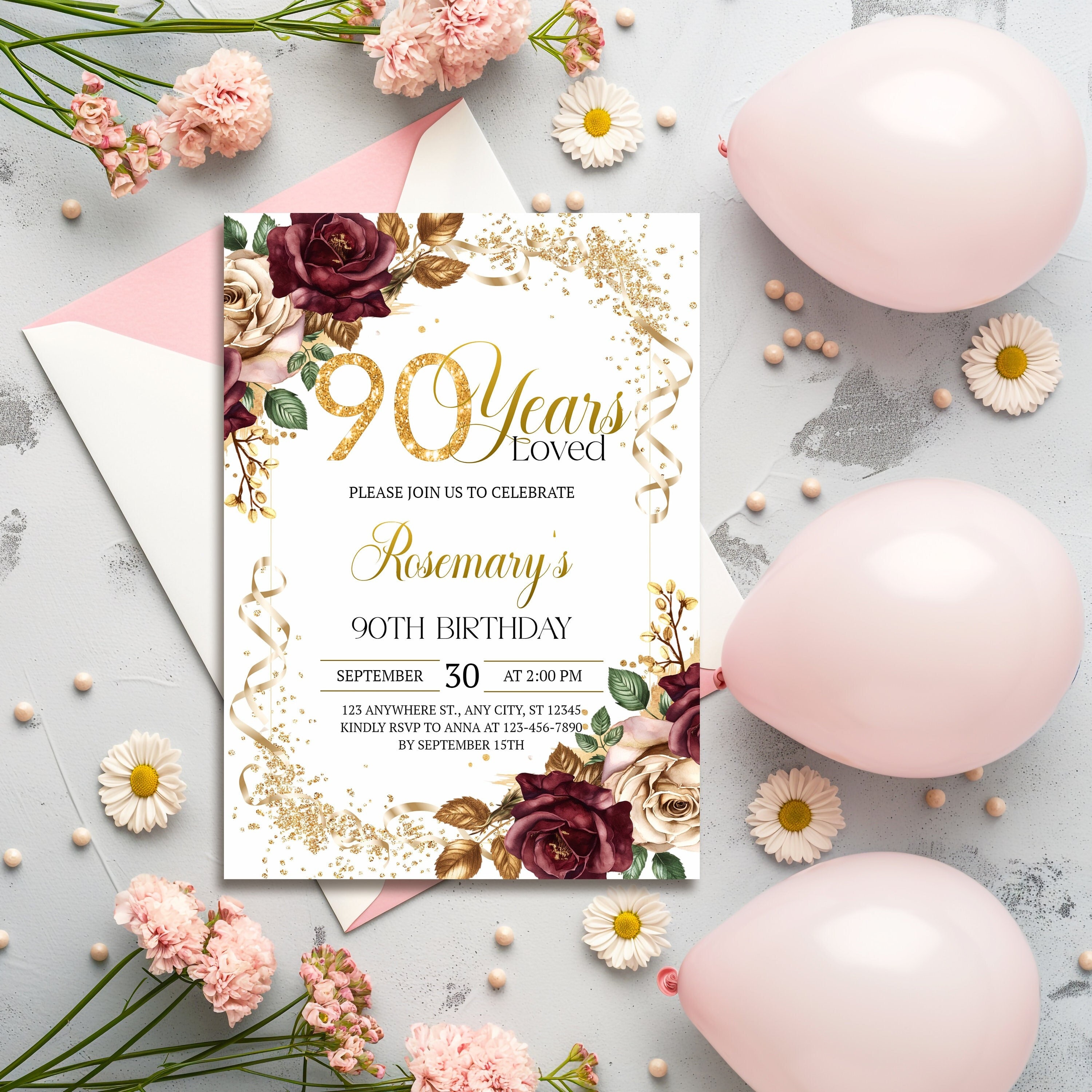 90 Years Loved Birthday Invitation for Women, 90th Birthday Party ...