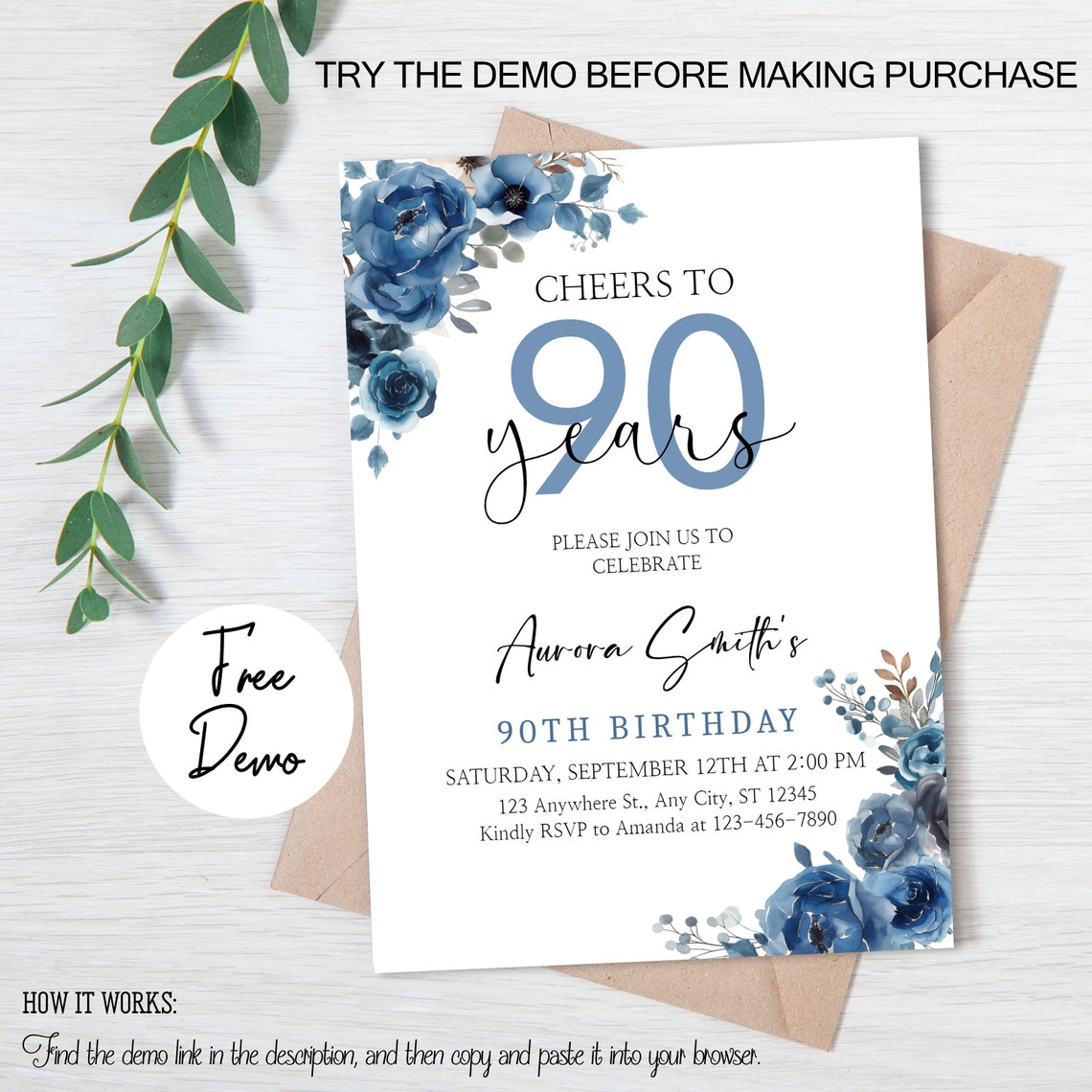 Floral 90th Birthday Invitation Template, 90th Birthday Invitation for ...