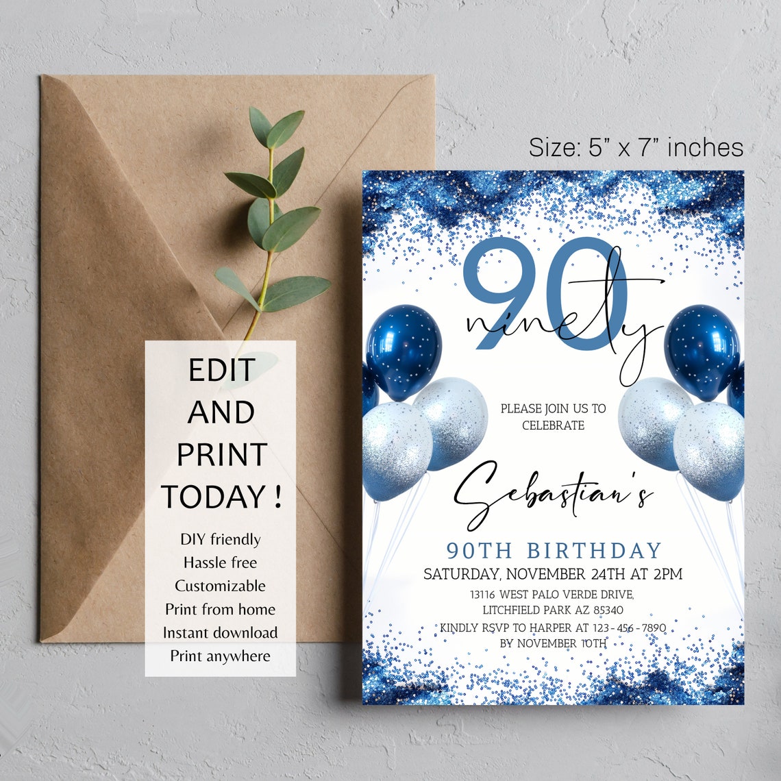90th Birthday Invitation Template, Editable 90th Birthday Party Card ...