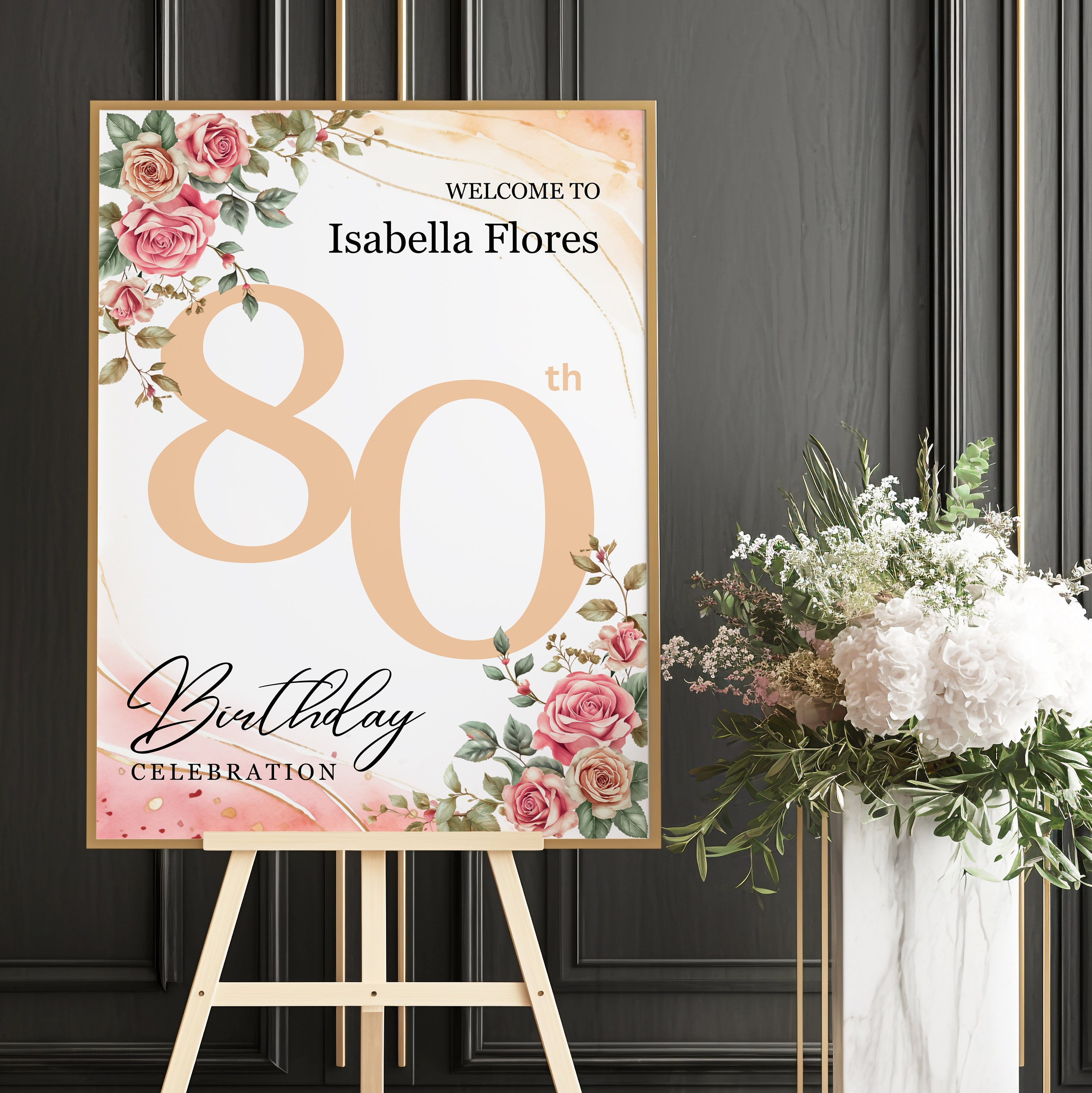 Pink Roses 80th Birthday Welcome Sign Template, Printable 80th Birthday ...