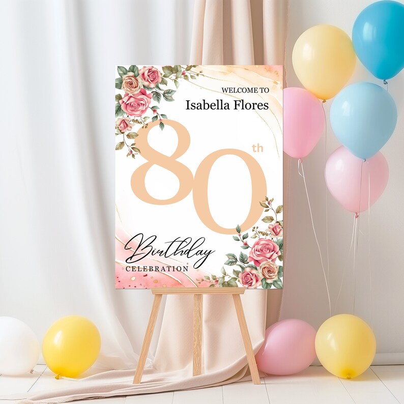 Pink Roses 80th Birthday Welcome Sign Template, Printable 80th Birthday ...