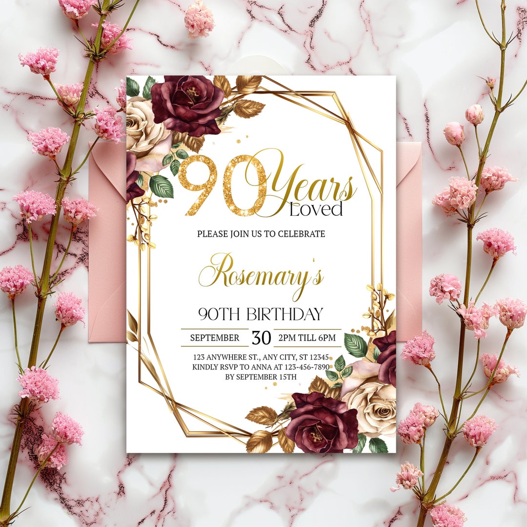 Burgundy Roses 90 Birthday Invitation Template, 90th Birthday Party ...