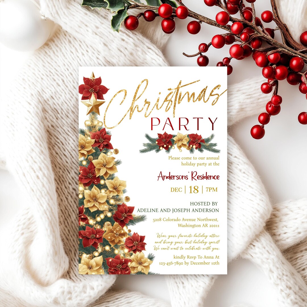 Classic Red and Gold Christmas Party Invitation, Holiday Party ...