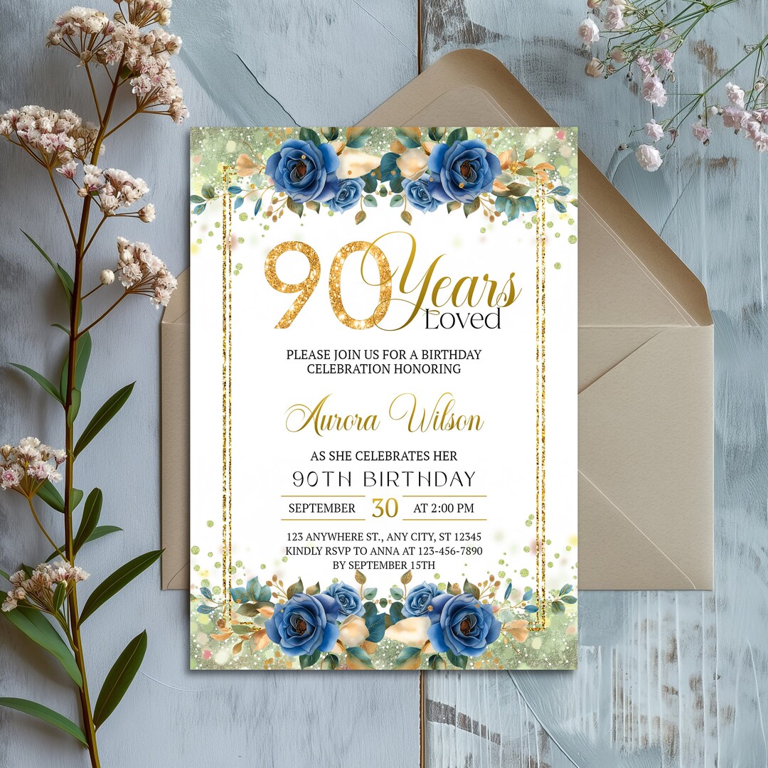 90 Years Loved Floral Birthday Invitation Template, 90th Birthday Party ...
