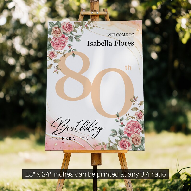 Pink Roses 80th Birthday Welcome Sign Template, Printable 80th Birthday ...