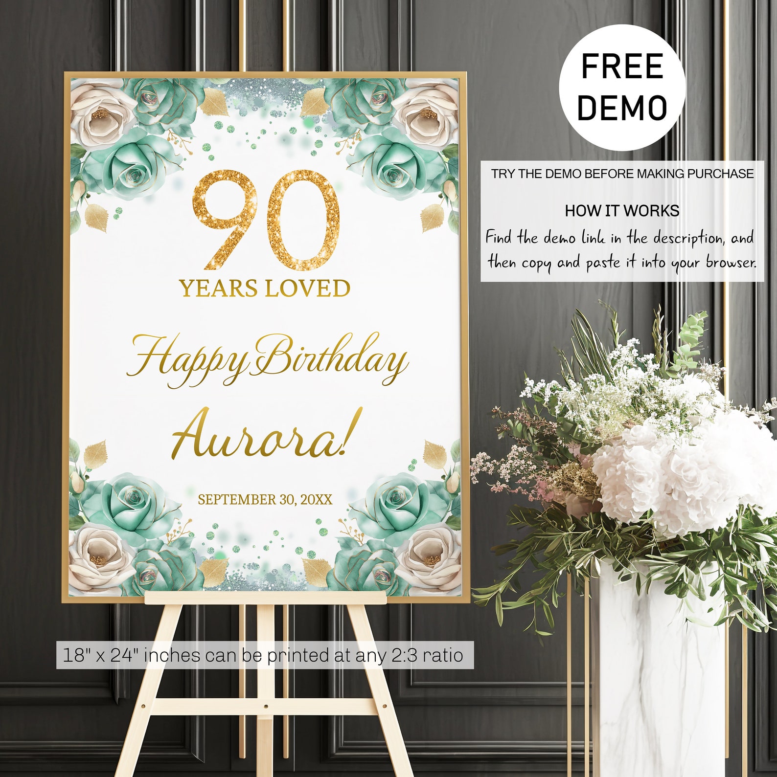 Floral 90 Years Loved, 90th Birthday Party Welcome Sign for Women ...